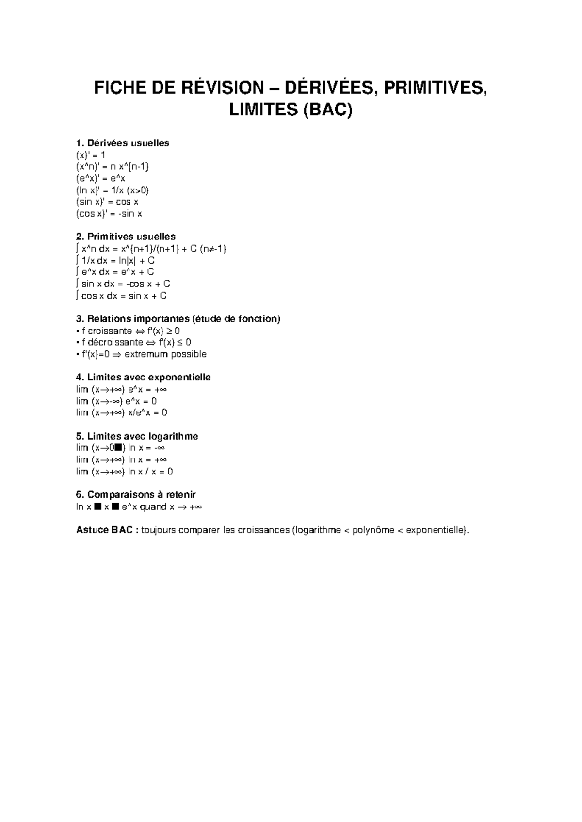Fiche revision derivations primitives limites expo log - FICHE DE ...