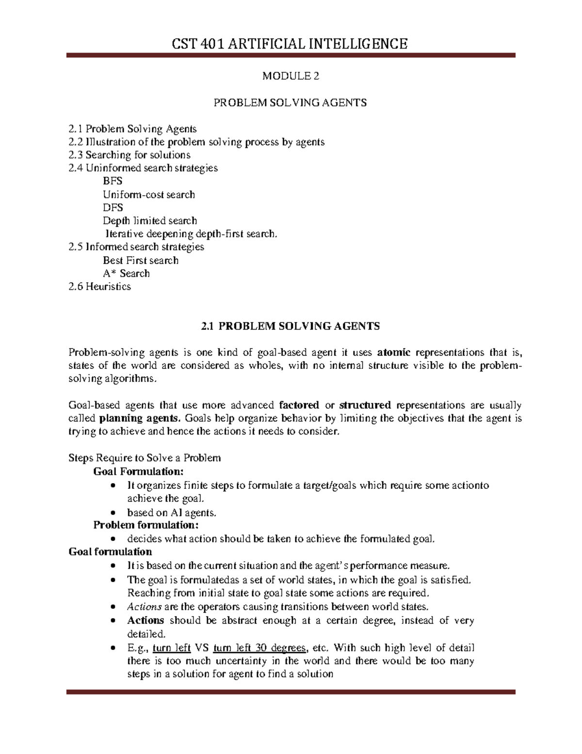 CST 401 Artificial Intelligence: Module 2 Problem Solving Agents Notes ...