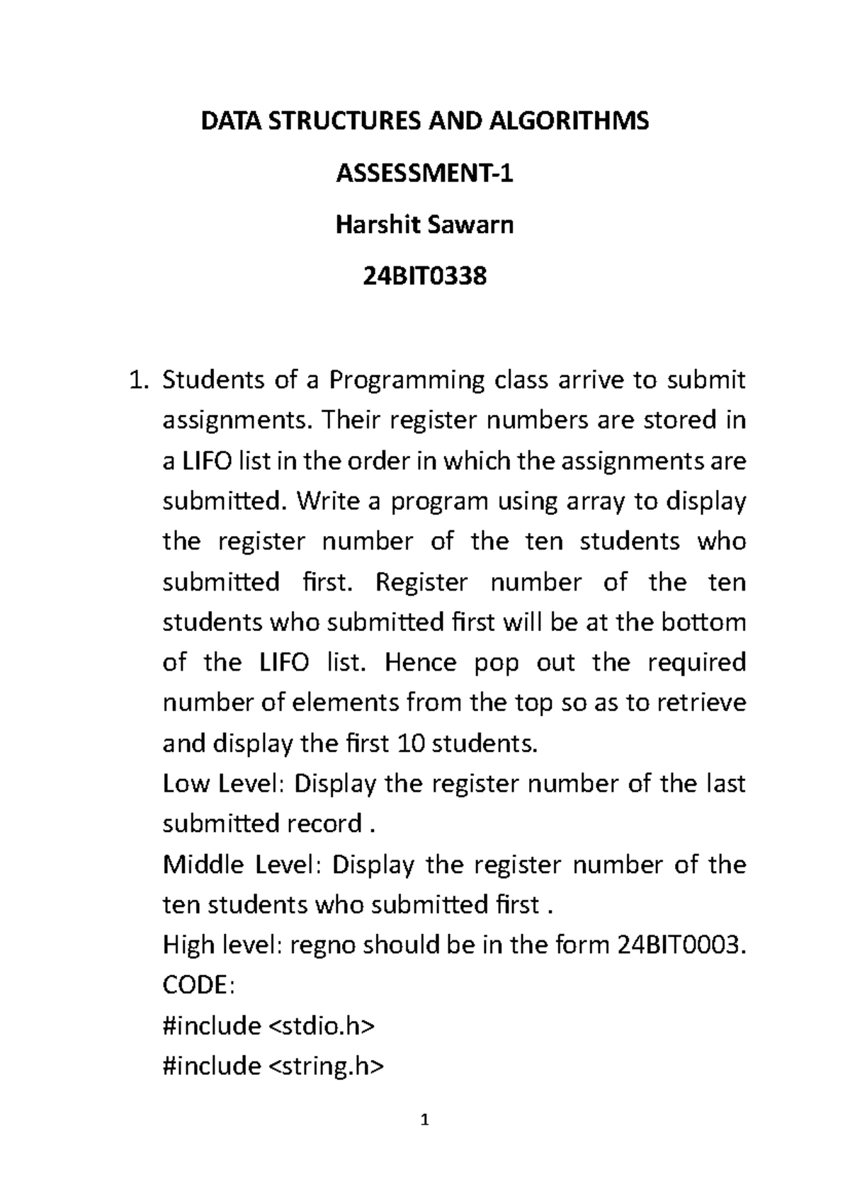 DATA STRUCTURES AND ALGORITHMS - Assignment 1 (24BIT0338) - Studocu