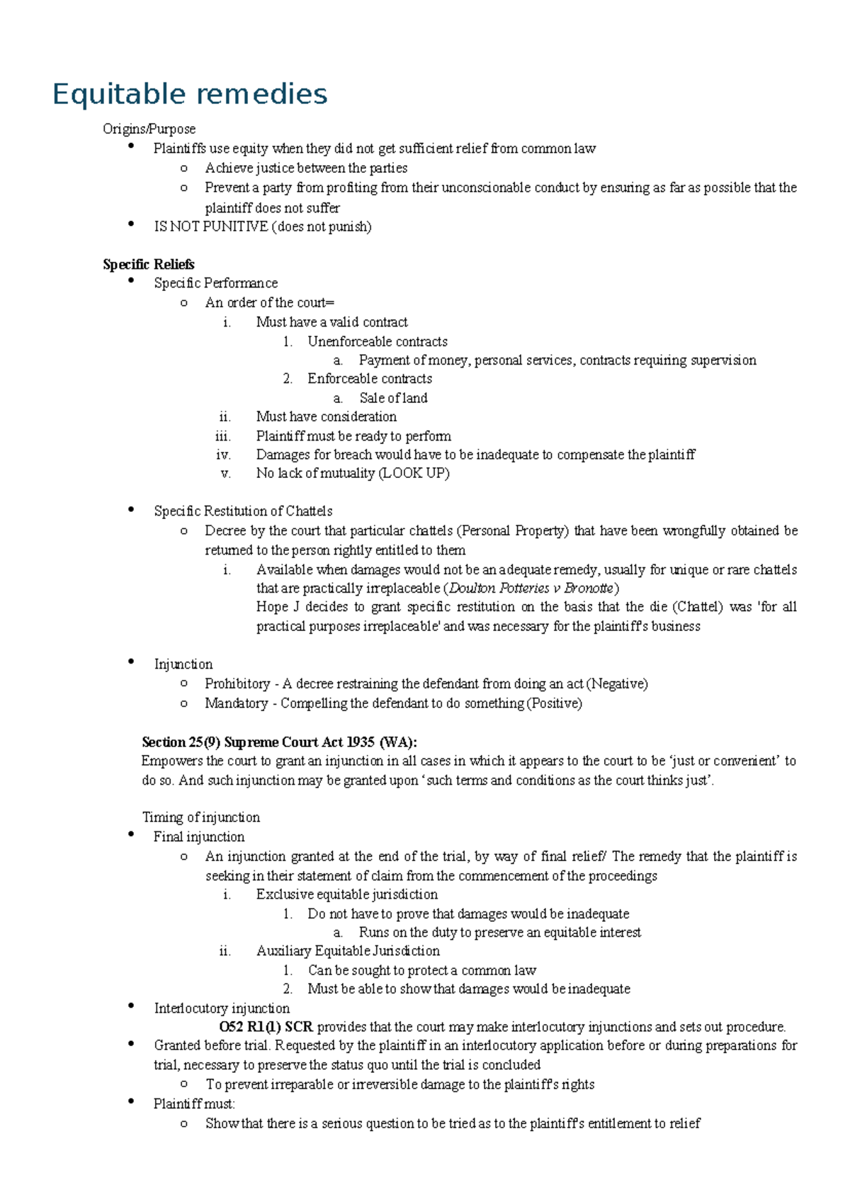 LLB251 Final Exam Notes on Equitable Remedies and Fiduciary Obligations ...