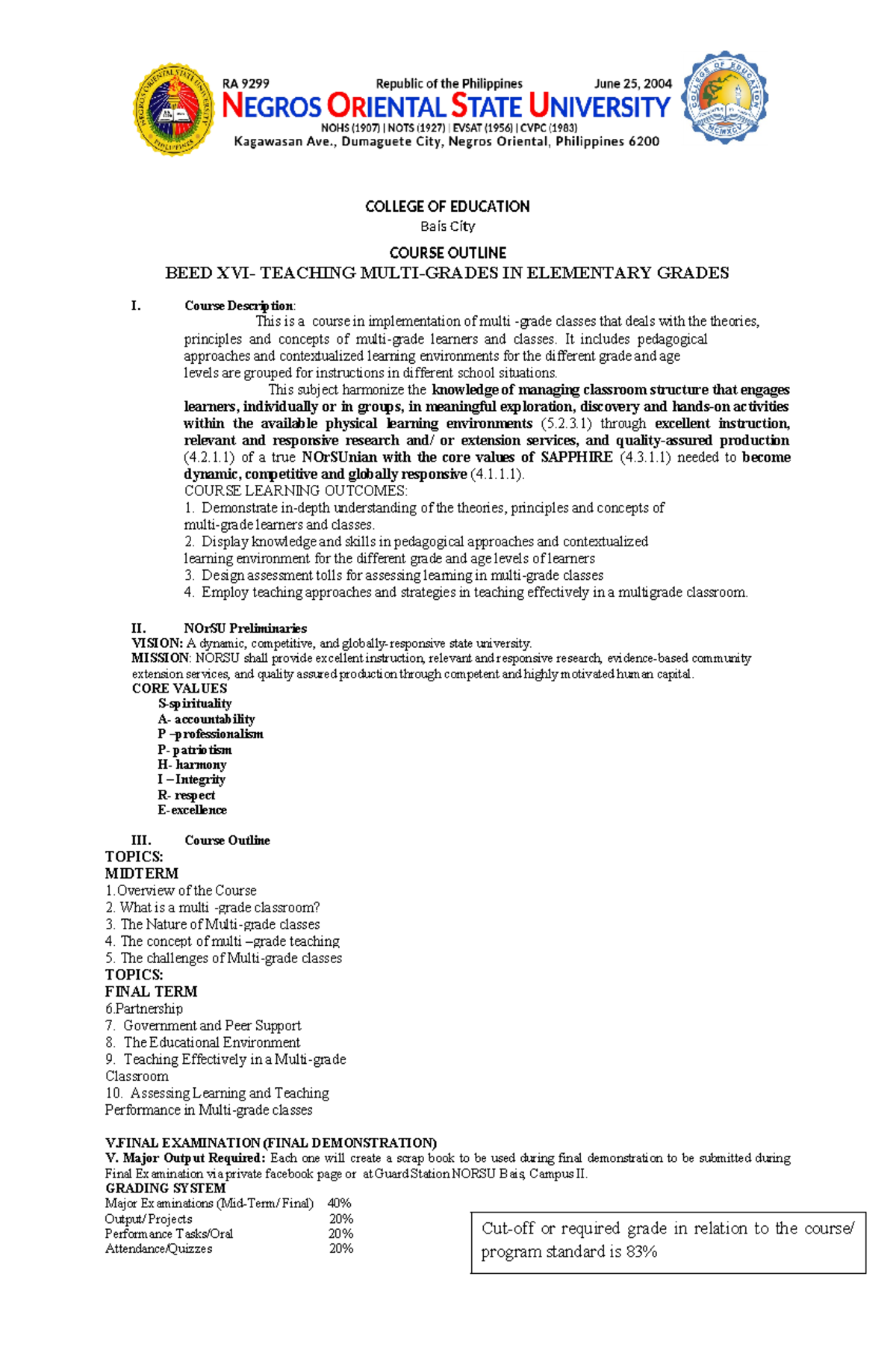 BEED 16 Course Outline - COLLEGE OF EDUCATION Bais City COURSE OUTLINE ...