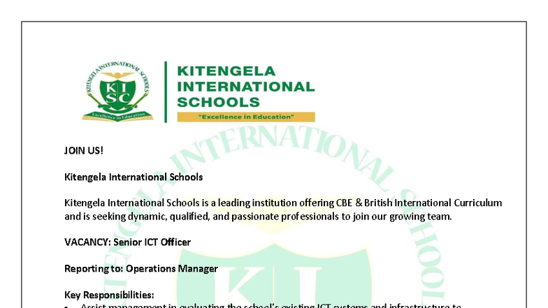Job Advert: Senior ICT Officer Vacancy at Kitengela International ...