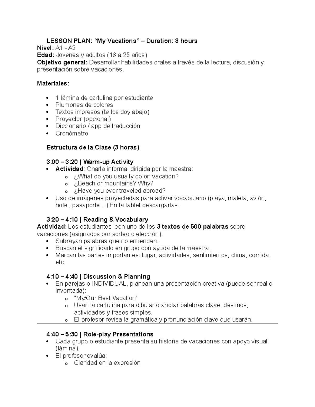 🌍 Lesson PLAN | Vacations - 🌍 LESSON PLAN: “My Vacations” – Duration: 3 ...