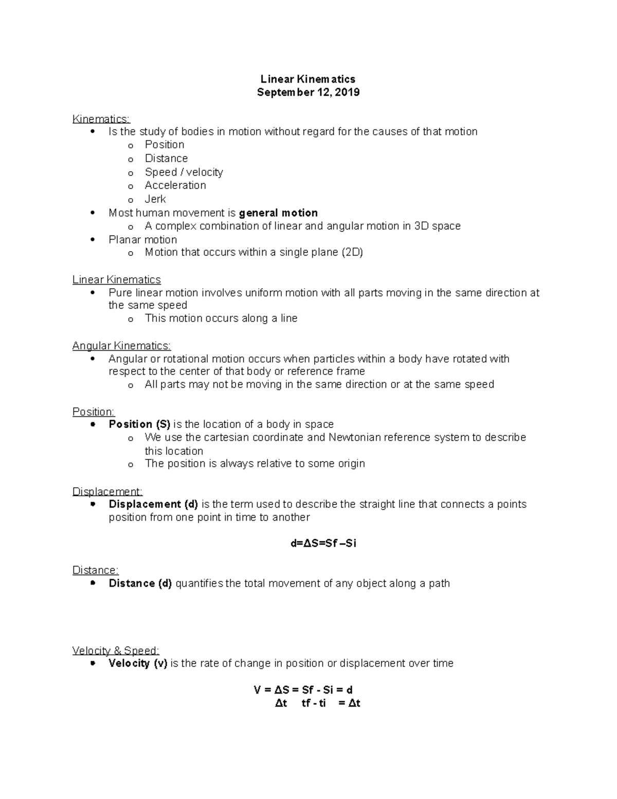 Linear Kinematics - notes for biomechanics with examples of formulas ...