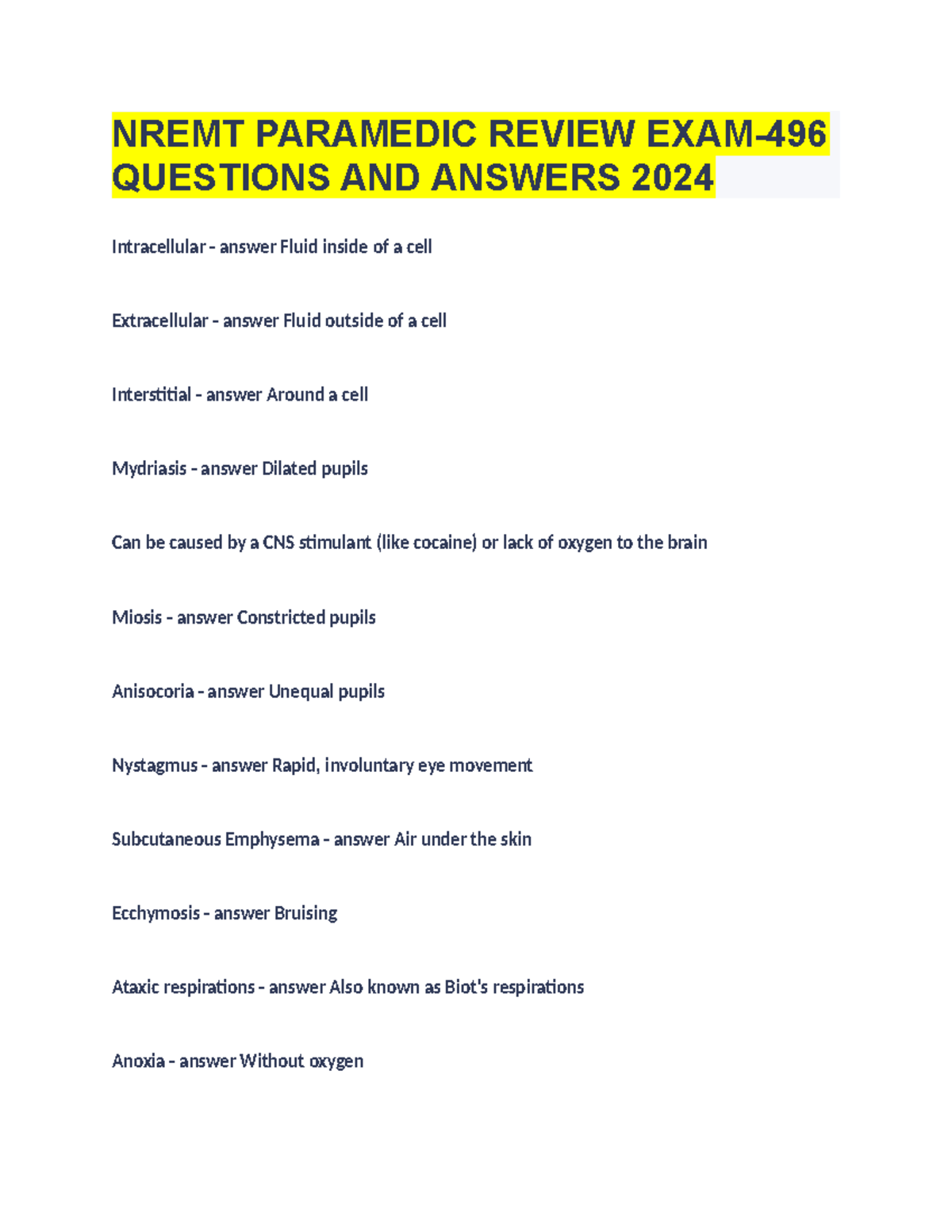 NREMT Paramedic Review 2024: Exam-496 Q&A Study Guide - Studocu