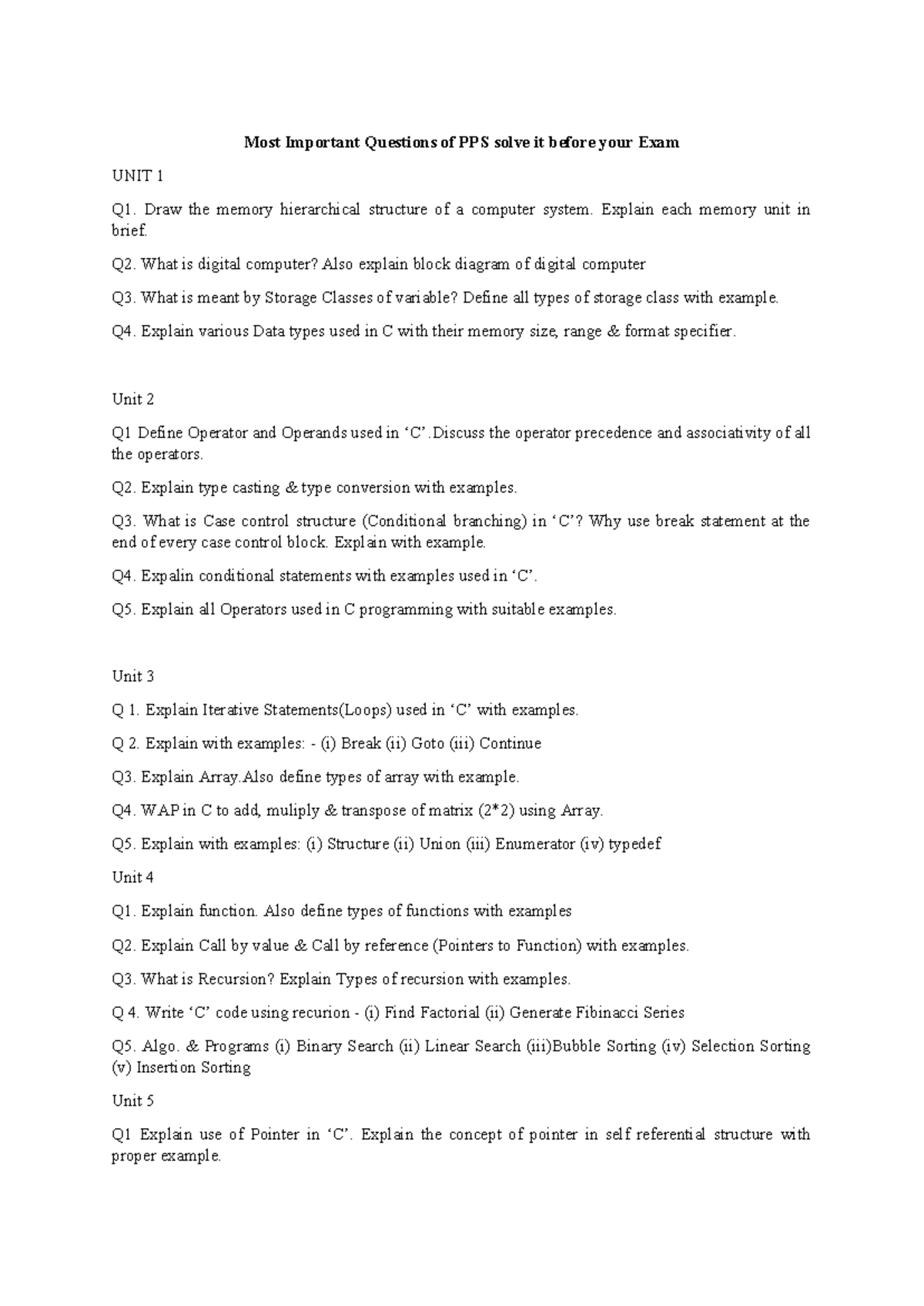 Important Questions for PPS Exam: Units 1-5 Overview - Studocu