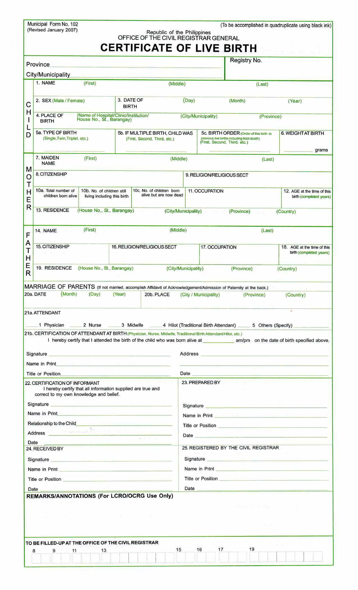 Certificate of Live Birth - Municipal Form No. 102 (Revised 2007) - Studocu