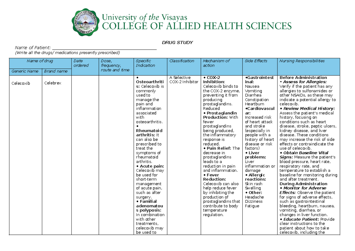 DRUG- Study Notes on Celecoxib (COX-2 Inhibitor) Treatment - Studocu