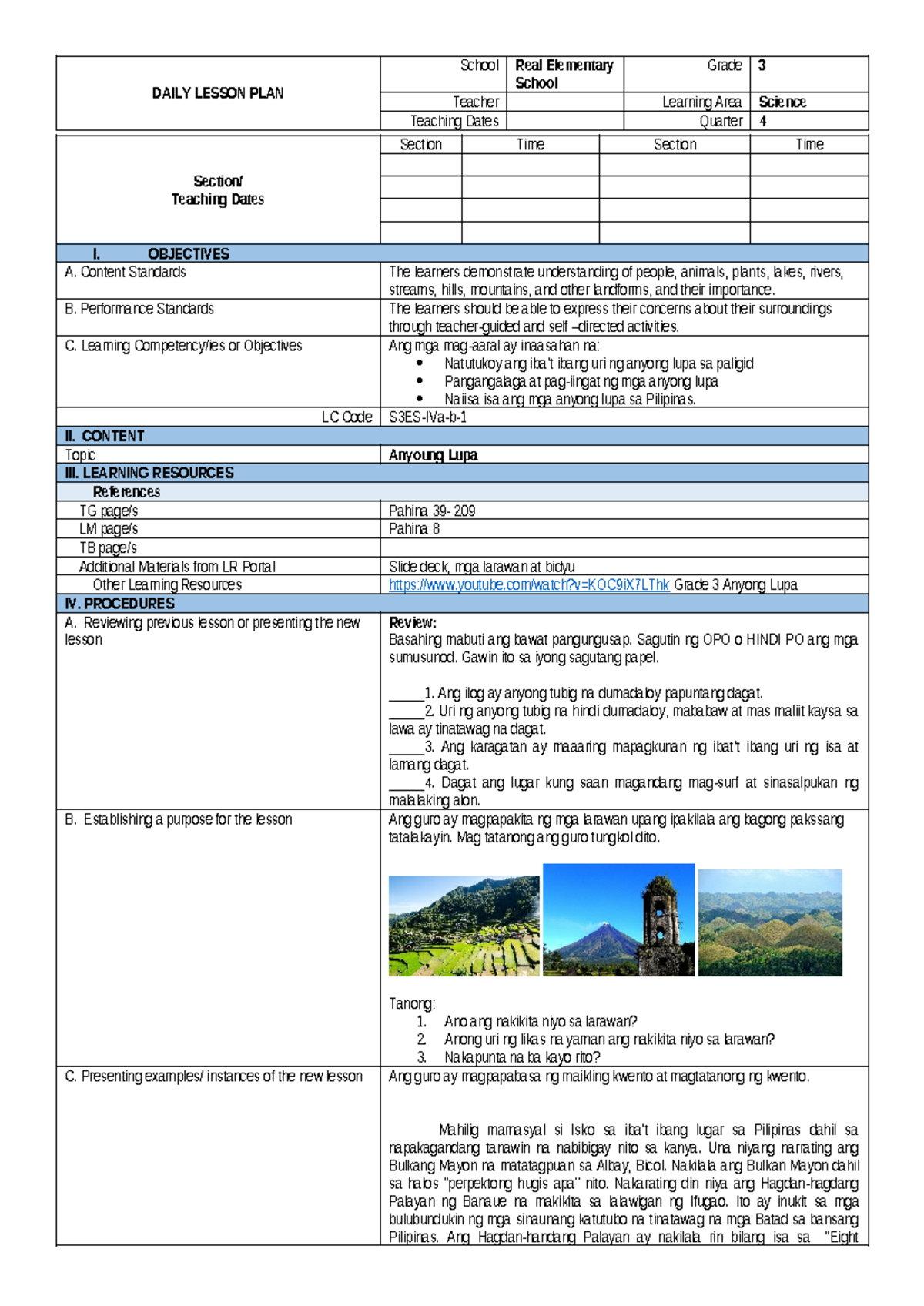 Anyong Lupa: Daily Lesson Plan for Grade 3 Science (Quarter 4) - Studocu