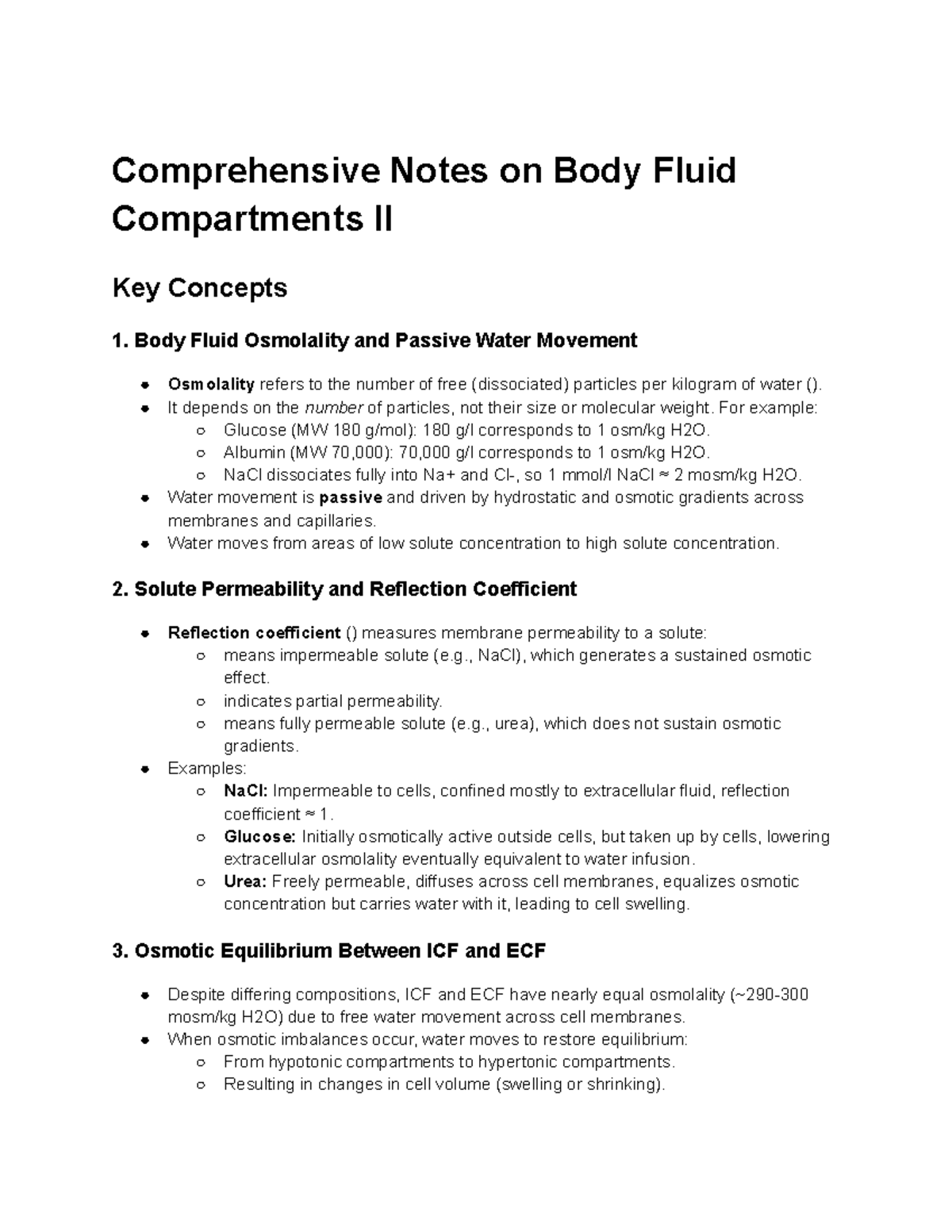 Bodily Fluids II: Key Concepts on Osmolality and Water Movement - Studocu