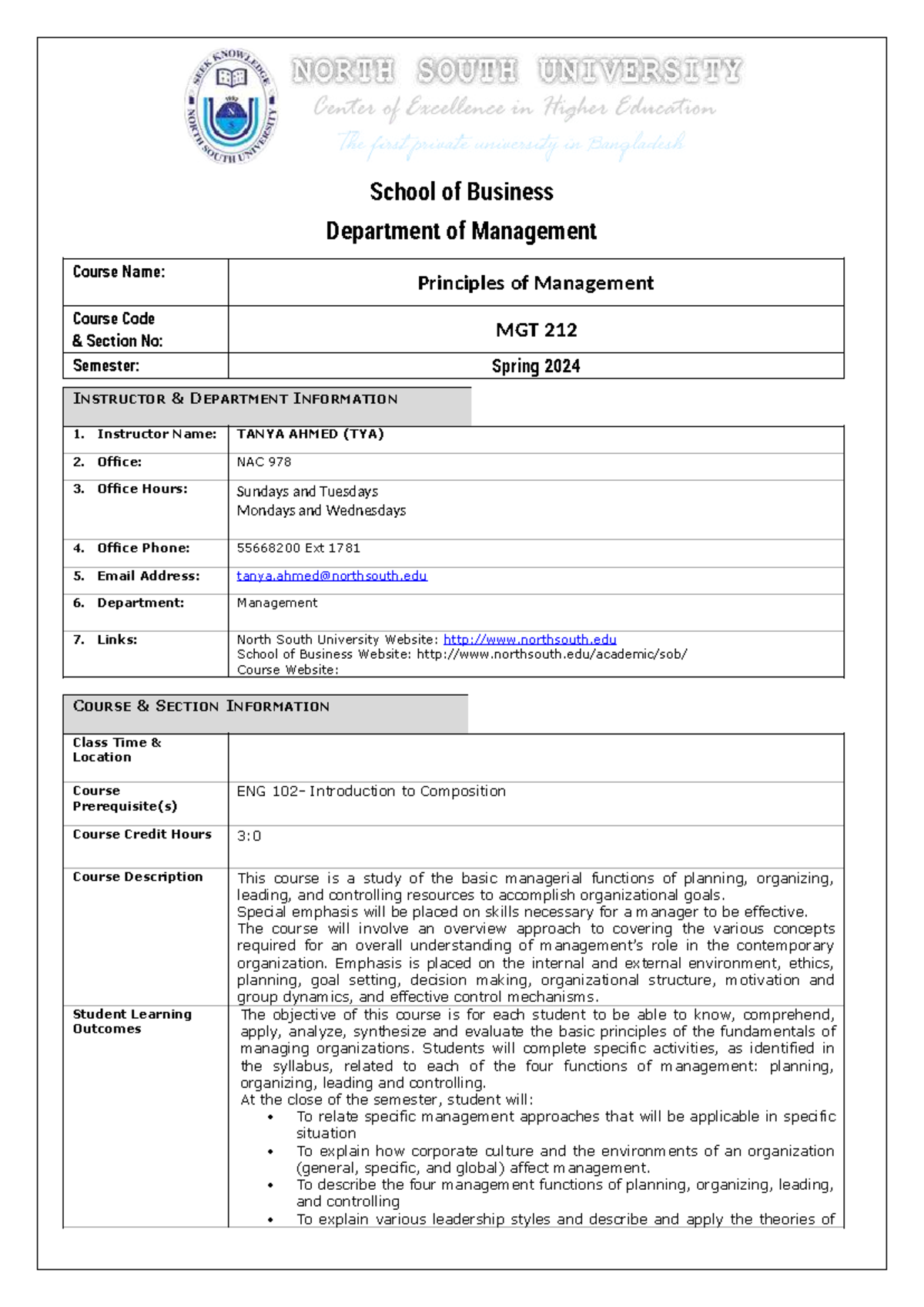 MGT 212 Principles of Management Course Outline - Spring 2024 - Studocu