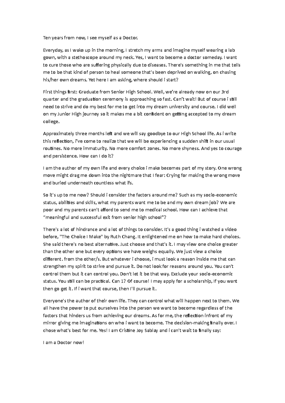Reflection on My Journey: Meaningful Exit from Senior High School - Studocu
