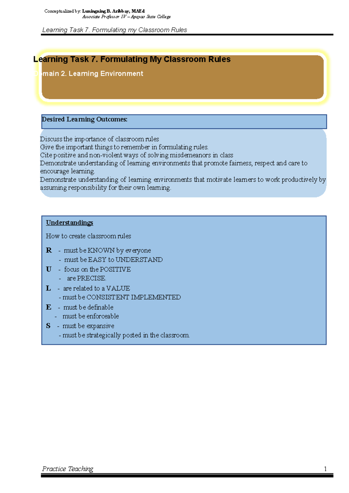Learning Task 7: Formulating Effective Classroom Rules for Discipline ...