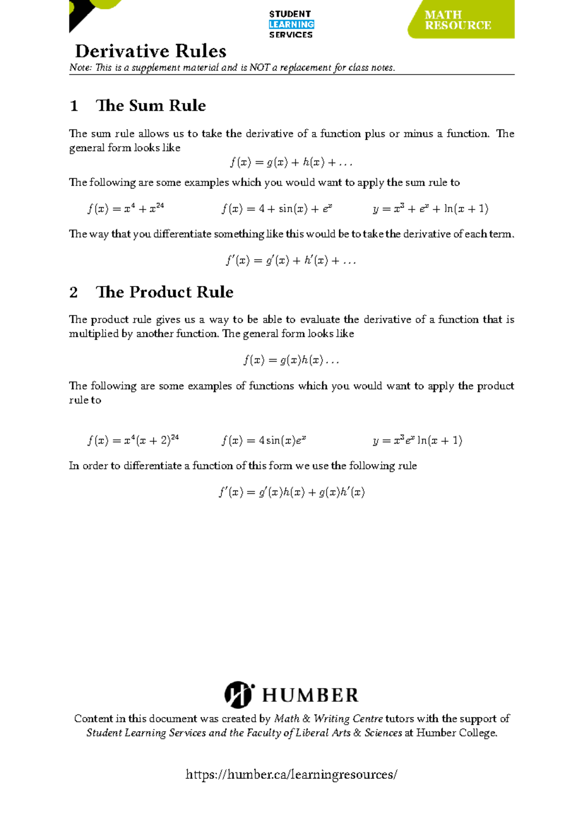 Derivative Rules - Supplement for Calculus (CALC 101) - Studocu