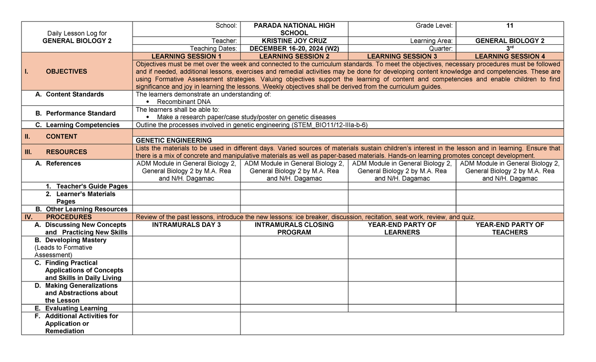 Q3-W2-DLL-GB 2 - Lesson Plan for Gen Bio 2 - Daily Lesson Log for ...