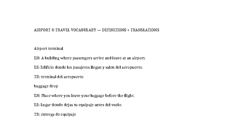 AIRPORT & TRAVEL VOCABULARY — DEFINITIONS & TRANSLATIONS - Studocu