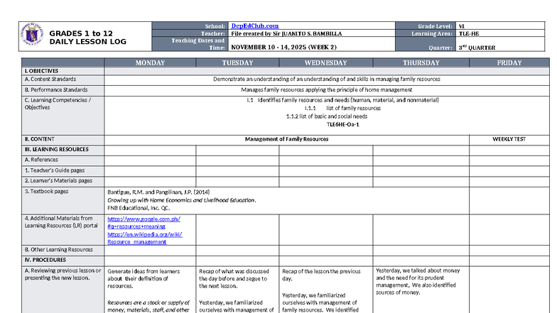 DLL TLE-HE 6 Q3 W2 - dll - GRADES 1 to 12 DAILY LESSON LOG School: DepEdClub Grade Level: VI ...
