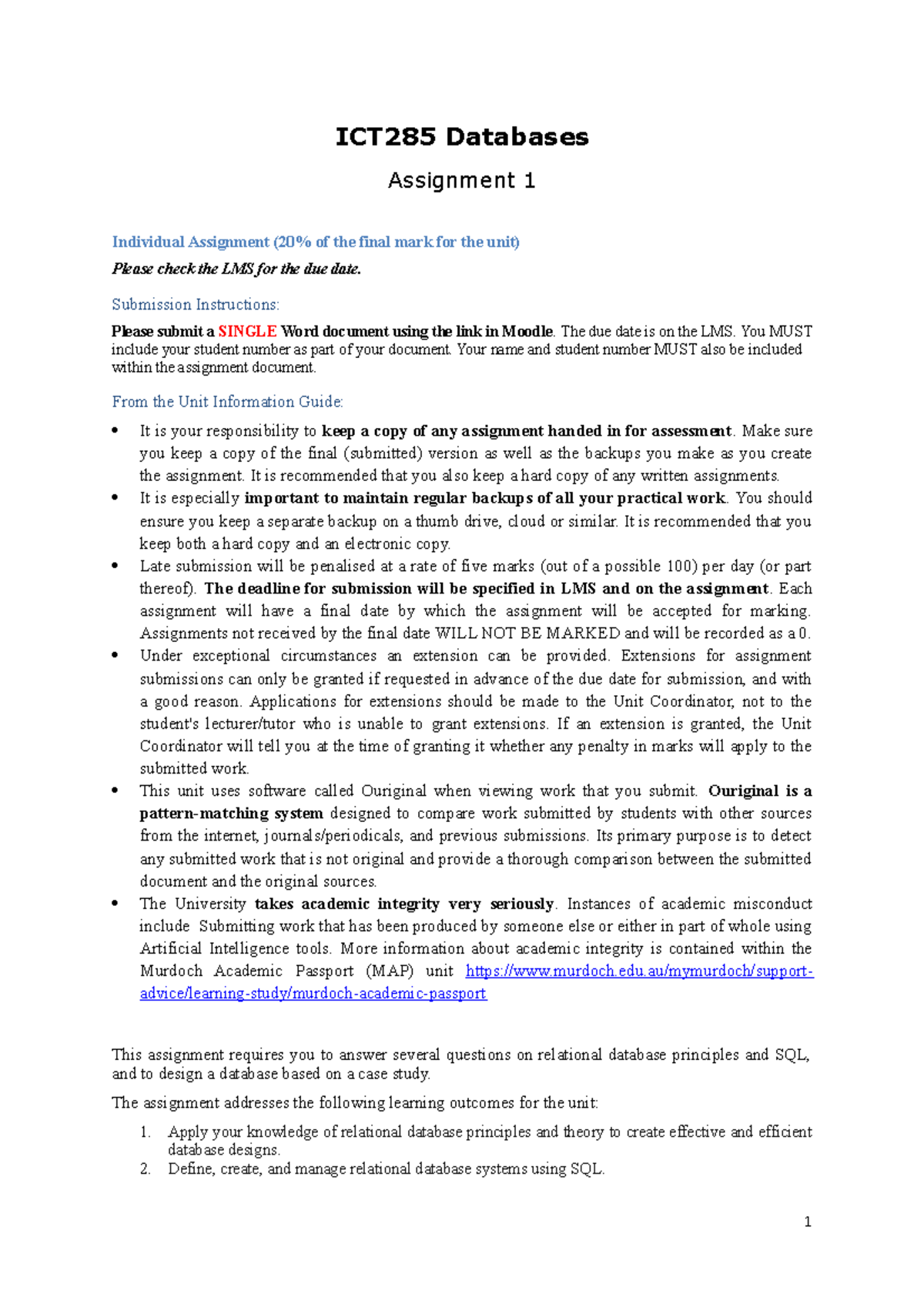ICT285 Assignment 1 - Relational Database Principles and SQL - Studocu