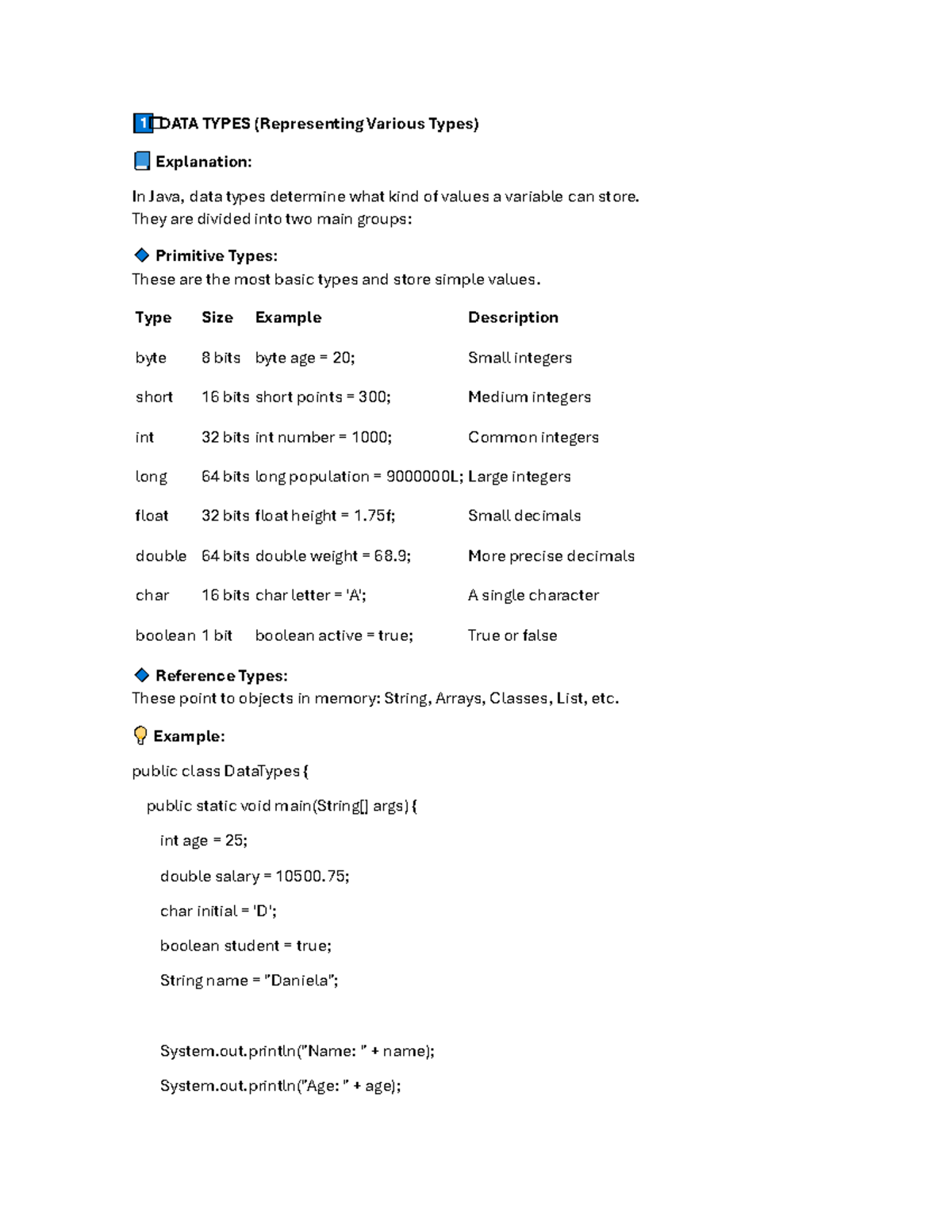 DATA TYPES & CLASS STRUCTURES in Java (Programming Languajes) - Studocu