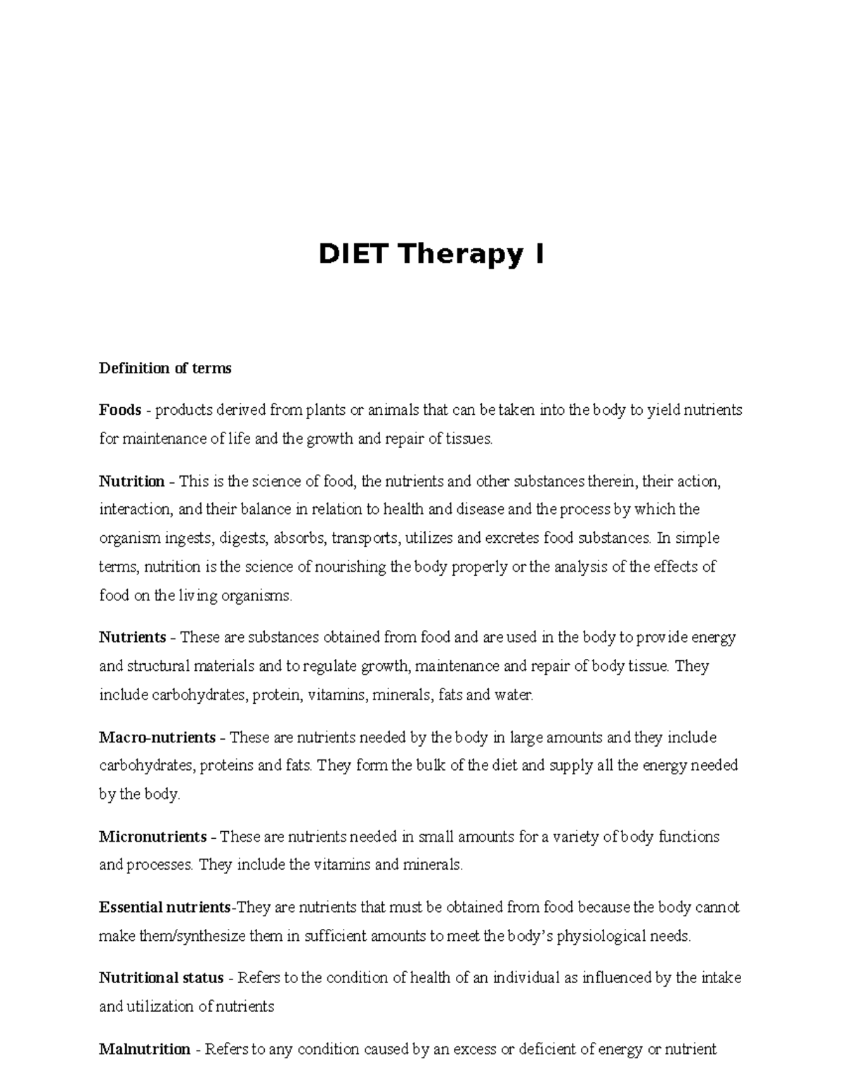 DIET 101: Key Concepts and Definitions in Nutrition Therapy - Studocu