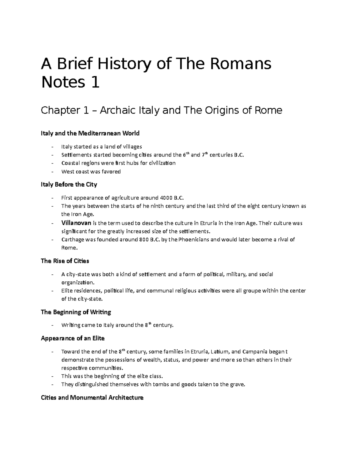 Roman History CH 1 Notes: Archaic Italy & Origins of Rome - Studocu