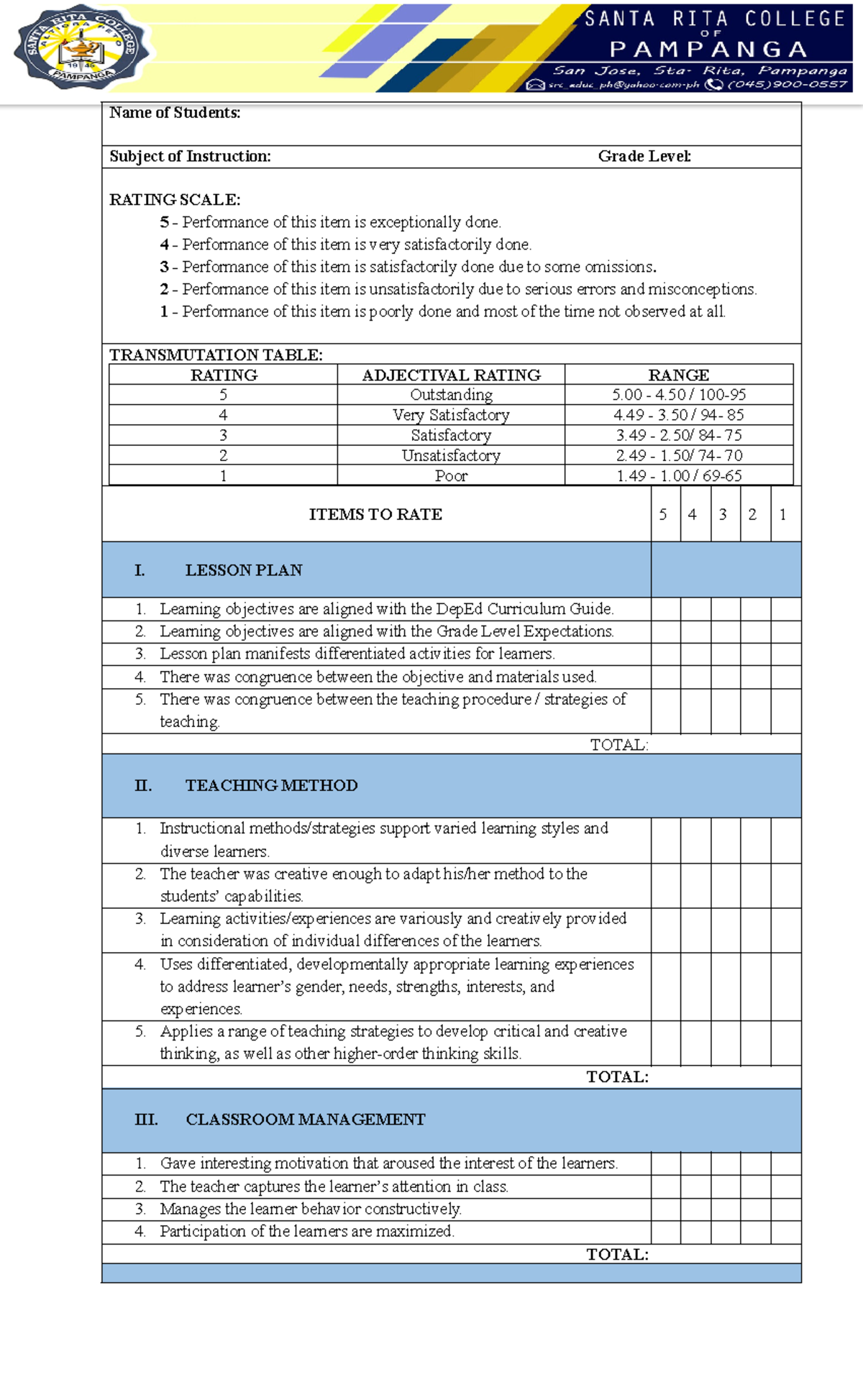 DEMO Rubrics for Lesson Evaluation: Student Performance Ratings - Studocu