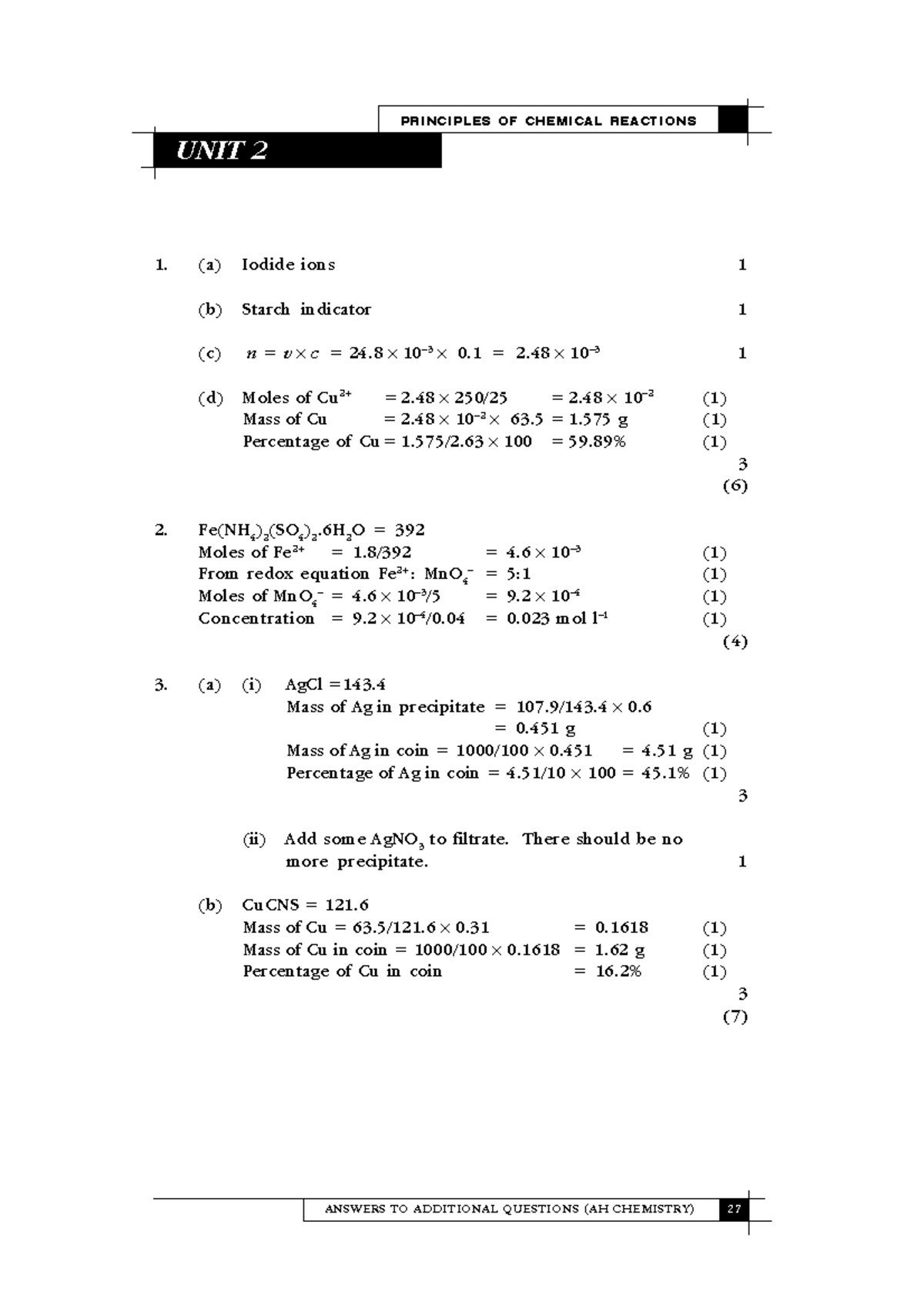 Adv H Chem Add Ans Unit 2: Principles of Chemical Reactions - Studocu