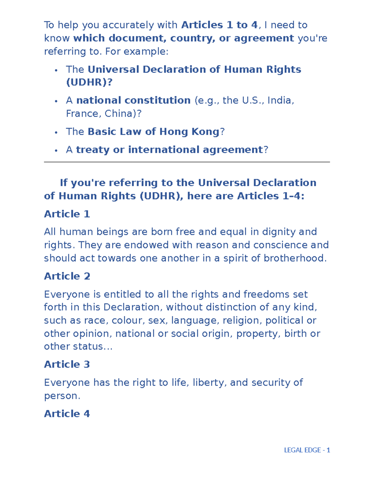 Articles 1-4 of the Universal Declaration of Human Rights (UDHR) - Studocu