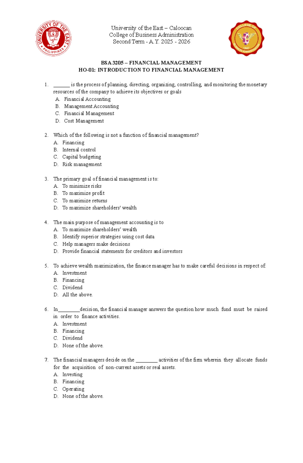 BSA 3205 Final Exam Review: Introduction to Financial Management - Studocu