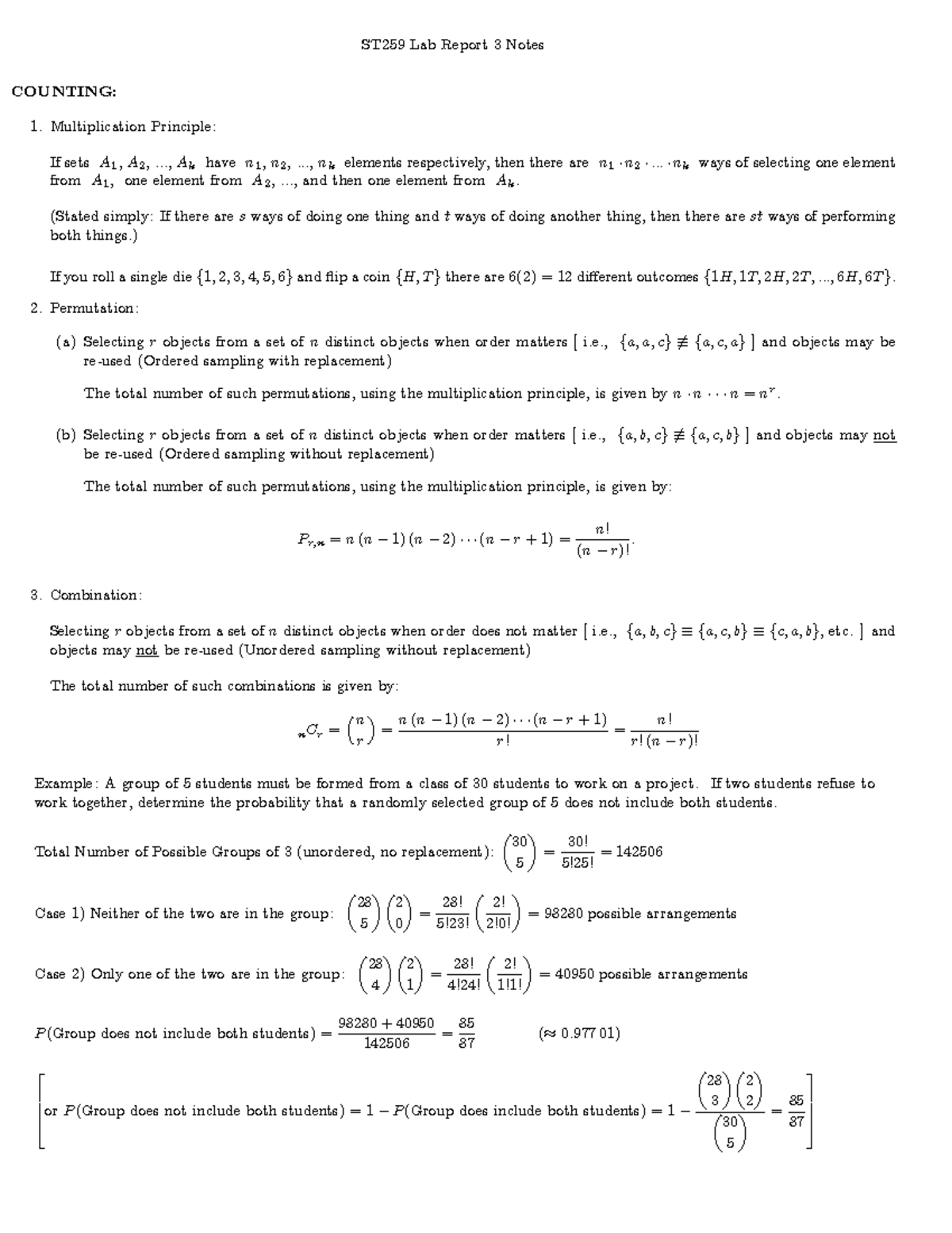 ST259 Lab Report 3: Counting Principles and Combinatorics Notes - Studocu