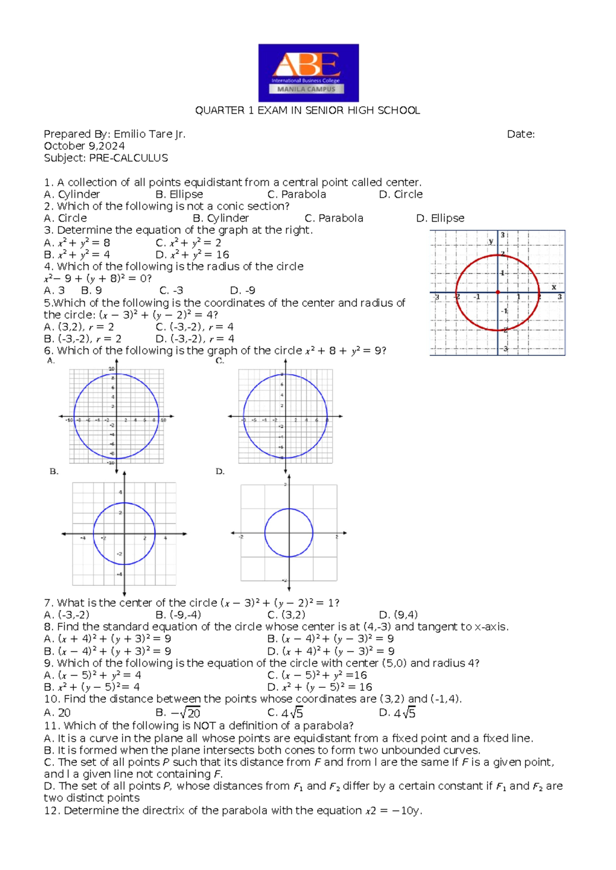 Pre-Calculus Periodic Test - QUARTER 1 EXAM IN SENIOR HIGH SCHOOL ...