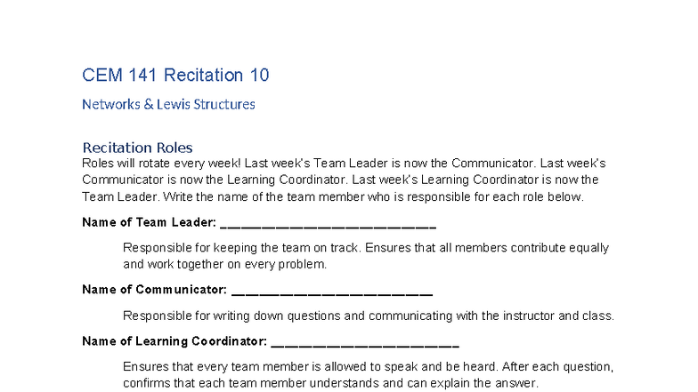 CEM 141 Recitation 10: Network Lewis Structures & Team Roles - Studocu