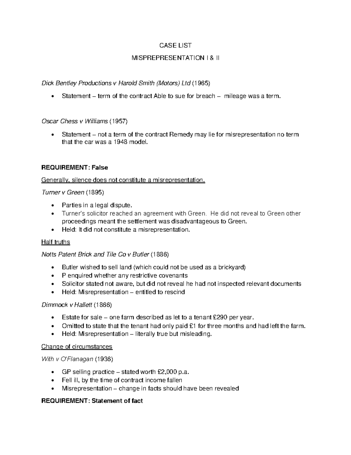 Negligent Misrepresentation I & II - Case List for Legal Studies - Studocu