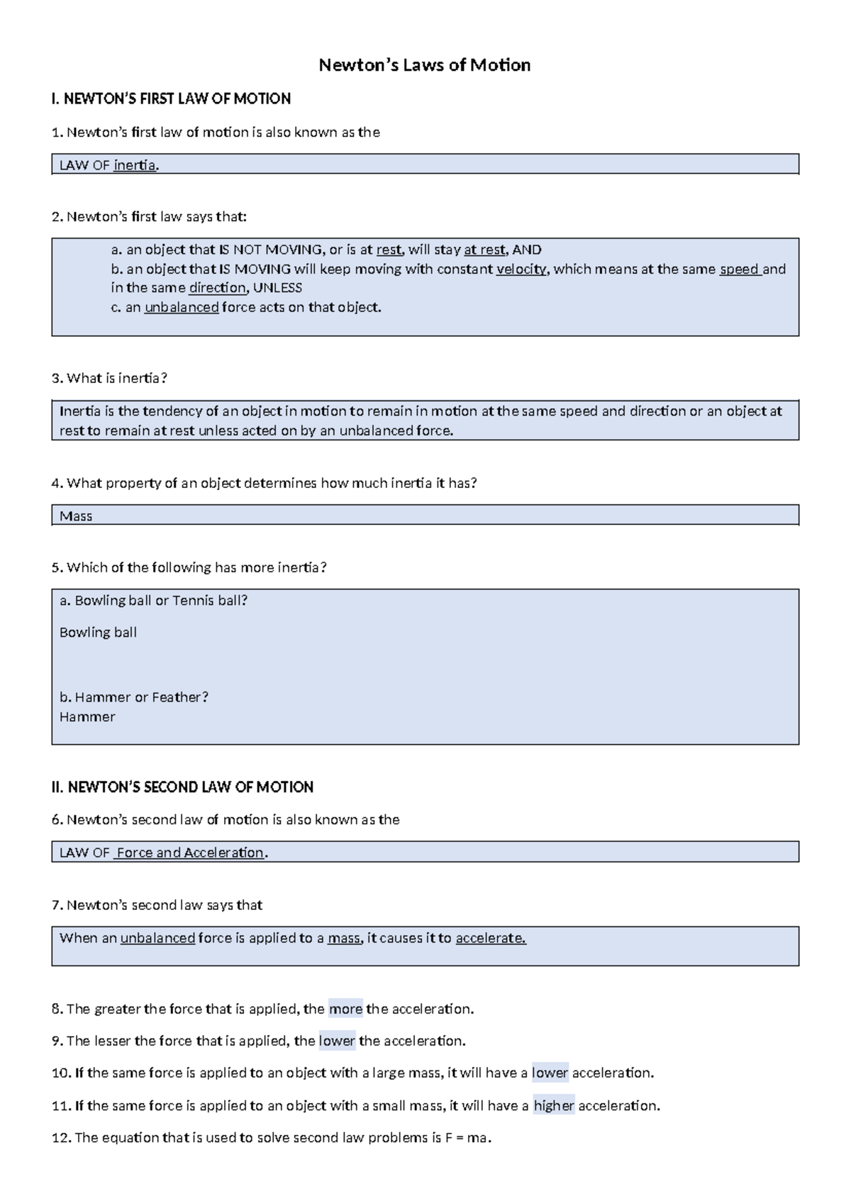 Newtons Laws Worksheet: Understanding Motion Laws (Physics 101) - Studocu