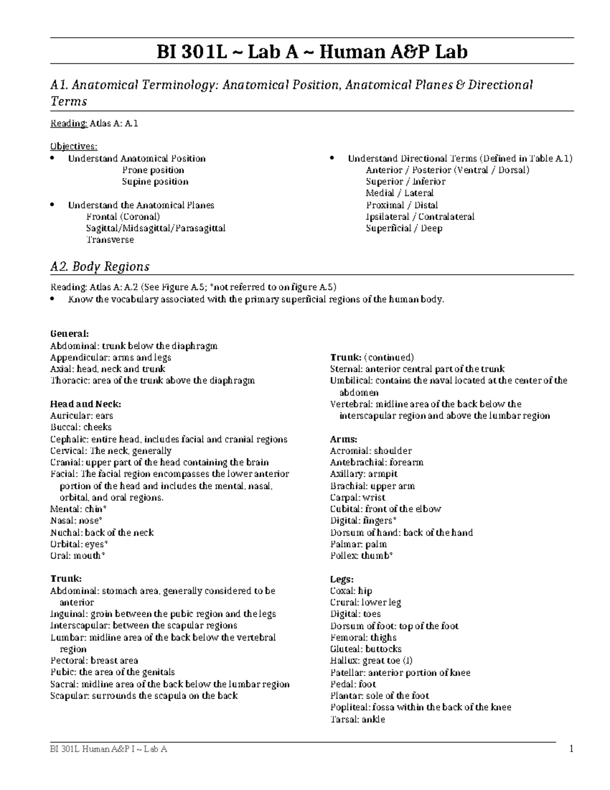 BI 301L Human Anatomy Lab: Anatomical Terminology & Body Regions - Studocu