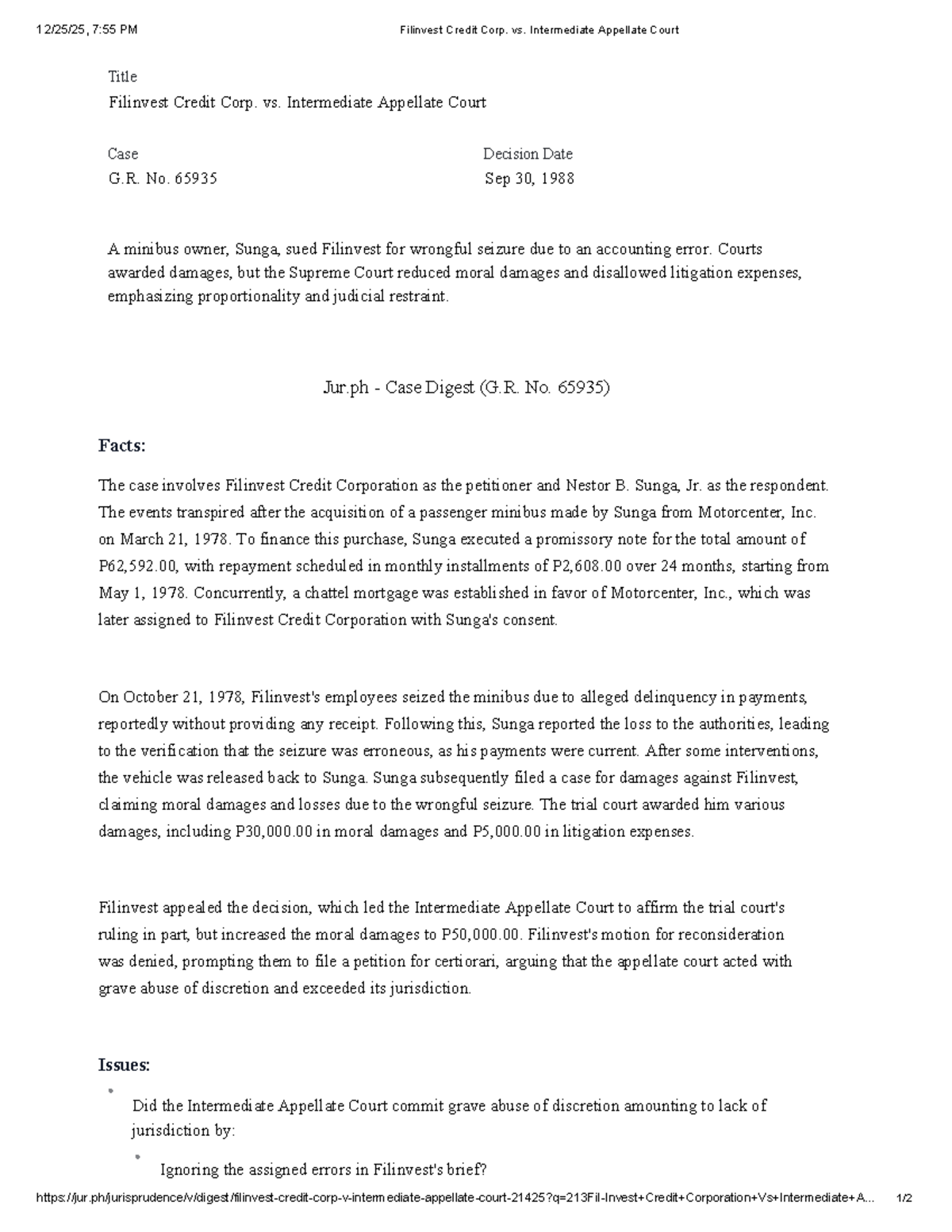 Filinvest Credit Corp. vs. Intermediate Appellate Court Case Digest (G ...