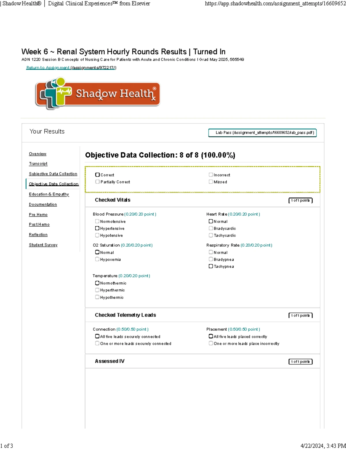 Shadow Health Renal System Hourly Rounds Arturo Perez Transcript - Week ...