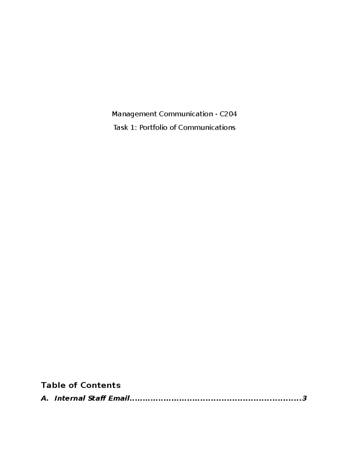 Management Communication - C204 Task 1 - Internal Staff - Studocu