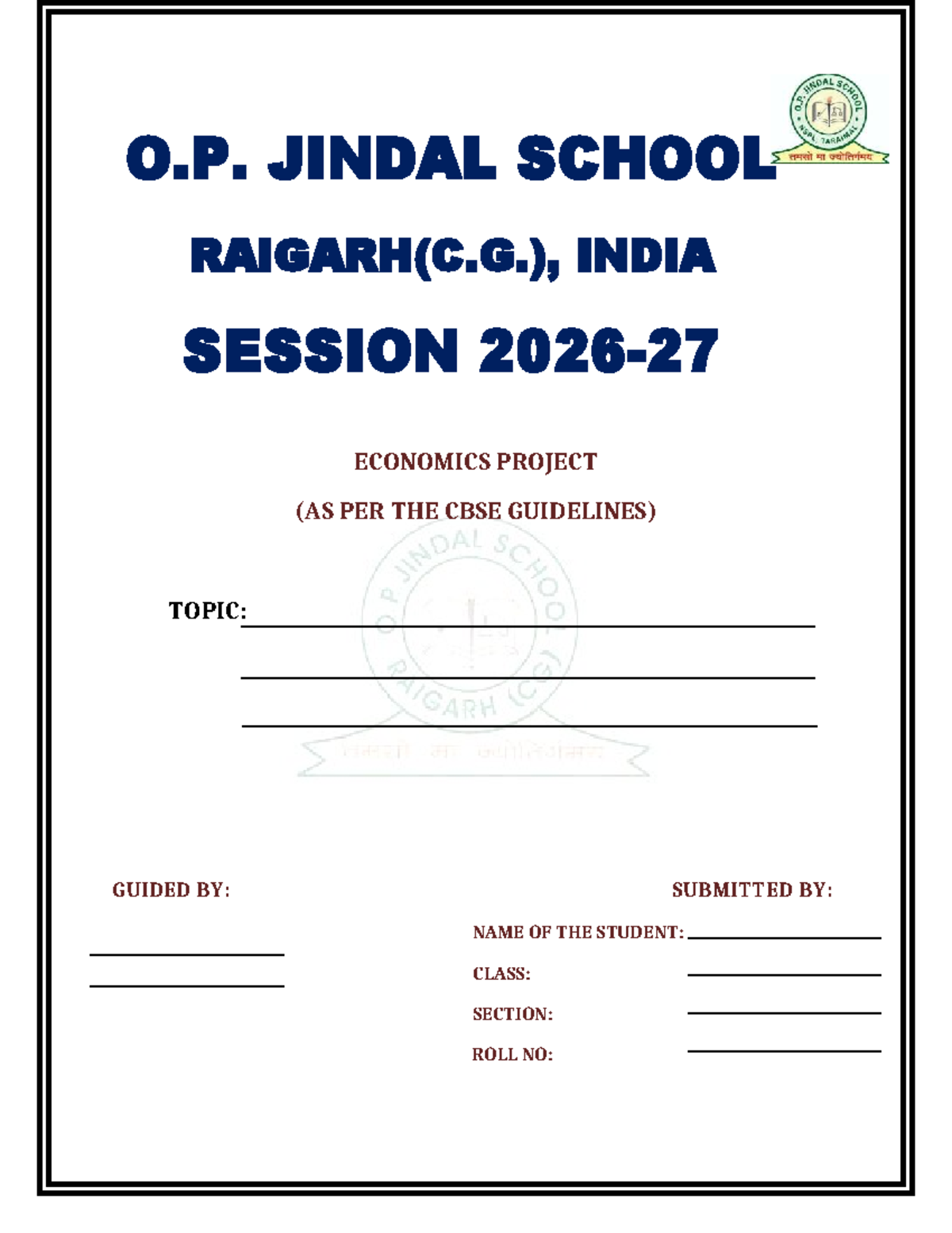 Economics Project for Class [Class] - O.P. Jindal School Raigarh - Studocu