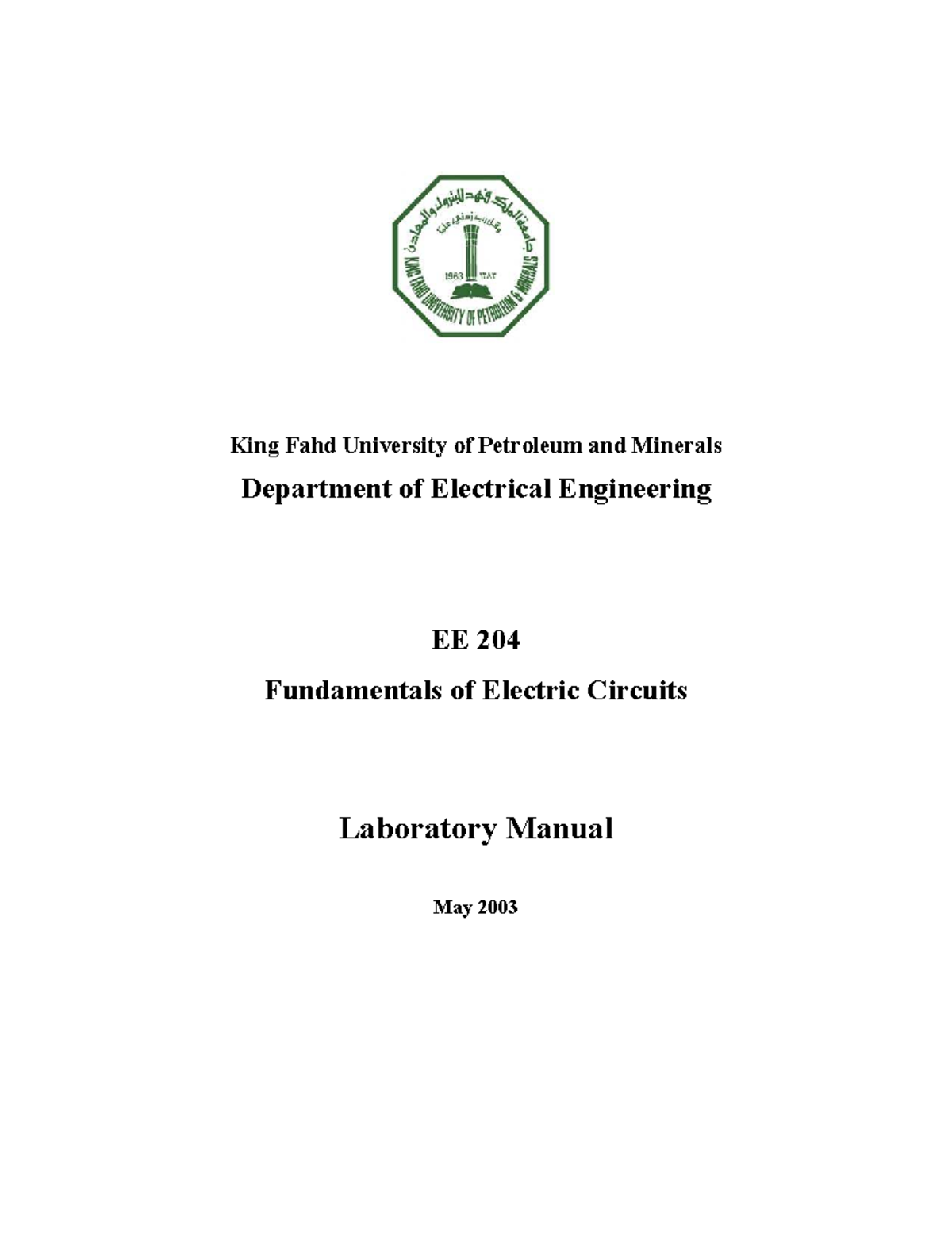 EE 204 Fundamentals of Electric Circuits Lab Manual - May 2003 - Studocu