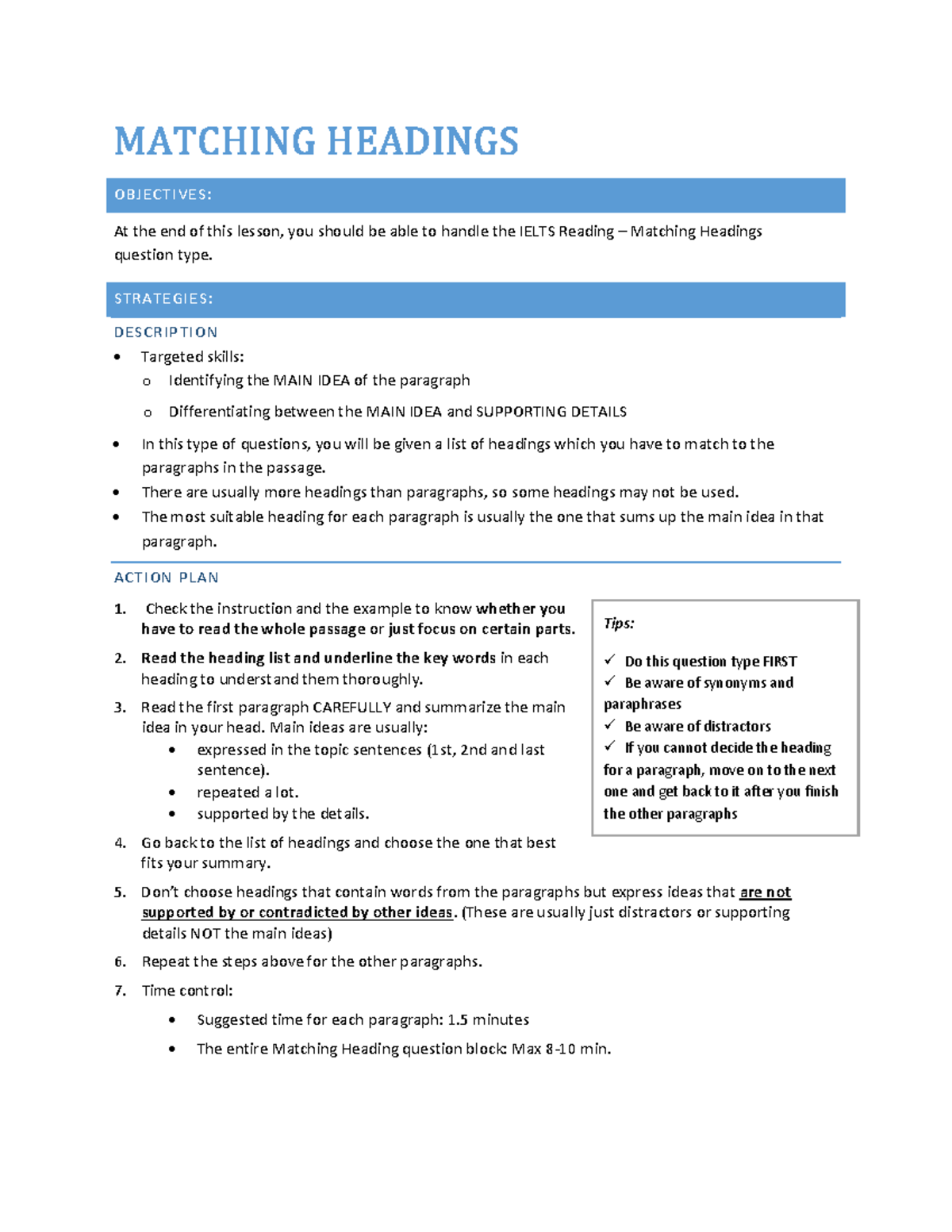 Week 2 Reading - IELTS Matching Headings Strategies - Studocu