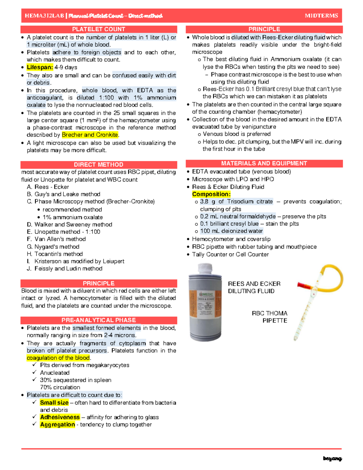 HEMA312 LAB WEEK 8: Direct Manual Platelet Count Method - Studocu