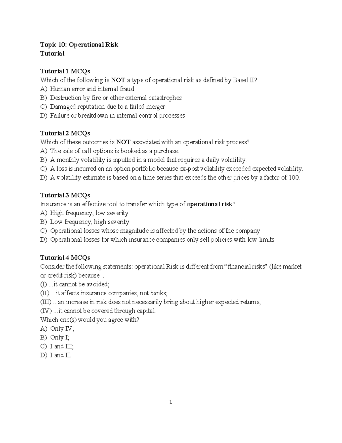 Topic 10: Operational Risk Tutorial MCQs and Key Concepts - Studocu