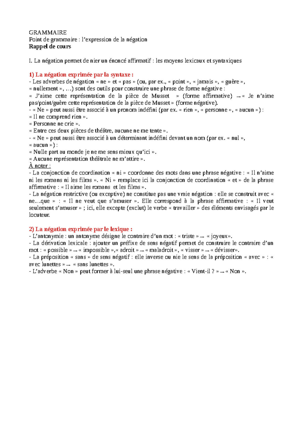GRAMMAIRE - Point de Grammaire : La Négation et ses Outils - Studocu
