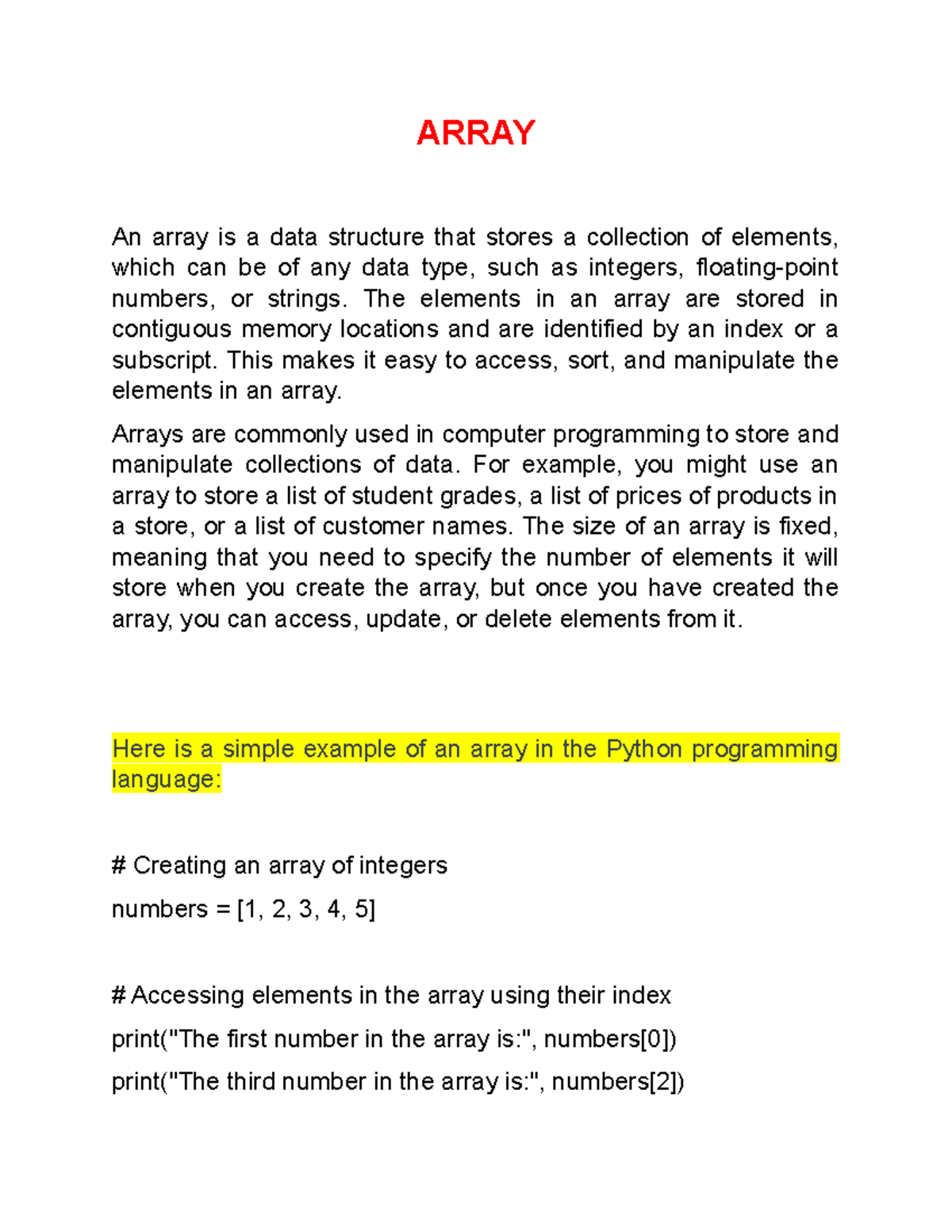 Array - assignments - ARRAY An array is a data structure that stores a collection of elements ...