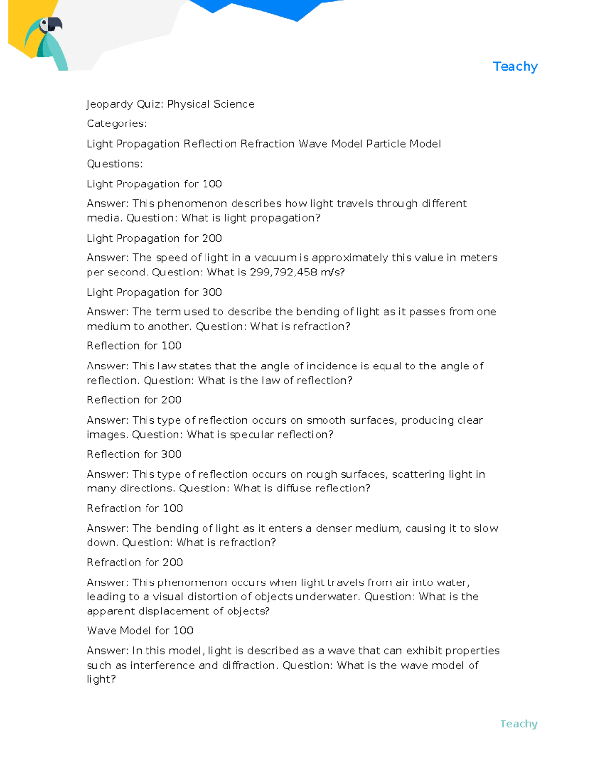 Jeopardy Quiz - 3 5 2025 - Teachy Jeopardy Quiz: Physical Science ...