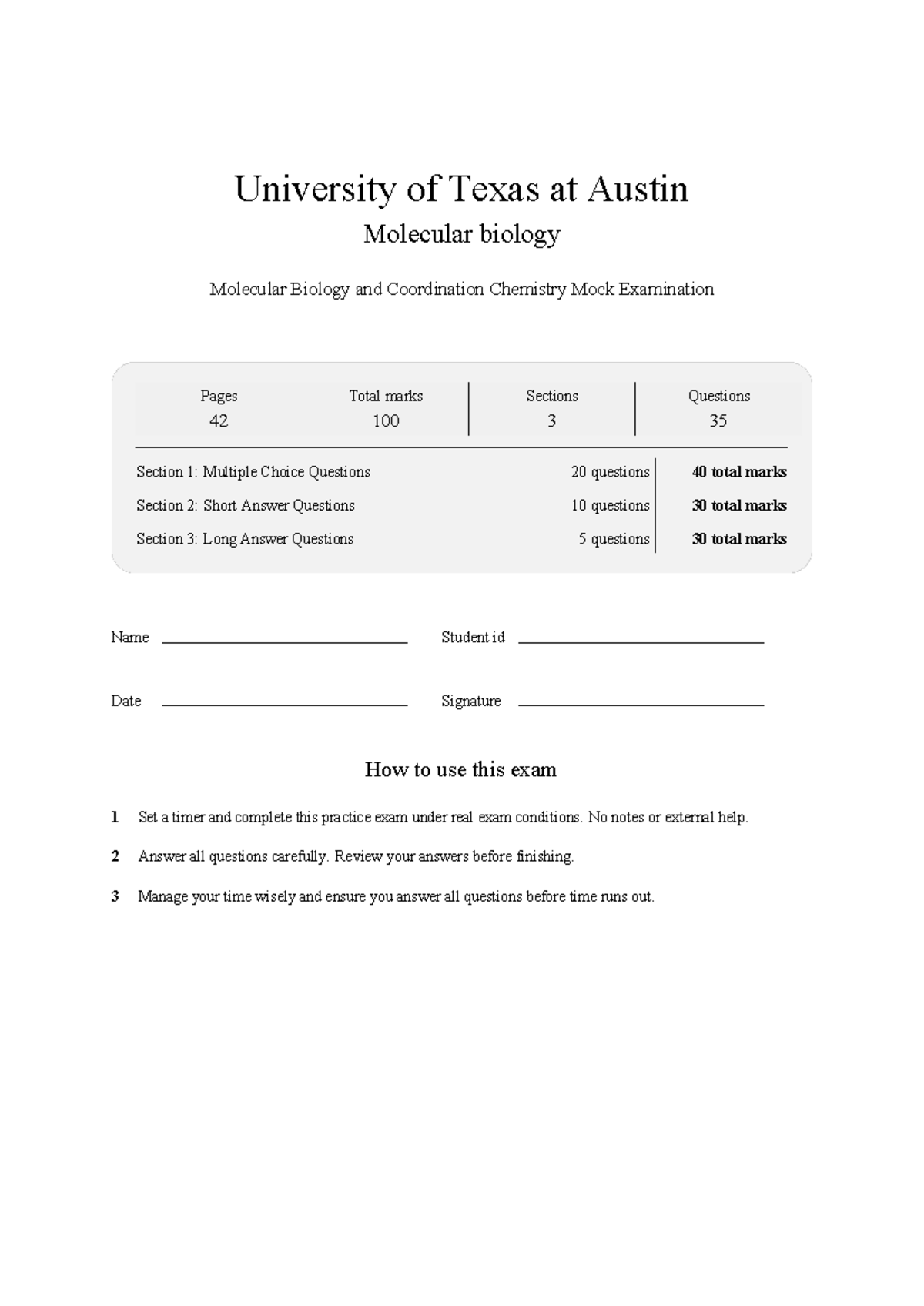 BIO344 Molecular Biology & Coordination Chemistry Mock Exam 2026 - Studocu