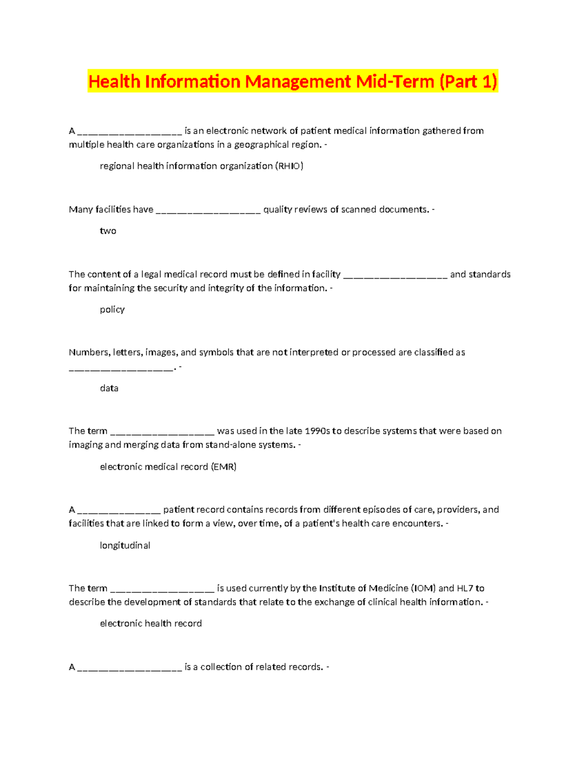 Health Information Management Mid-Term Exam Notes (Part 1) - Studocu