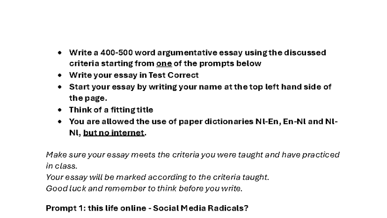 Argumentative Essay Prompts for ENG 5 - Practice Guidelines - Studeersnel