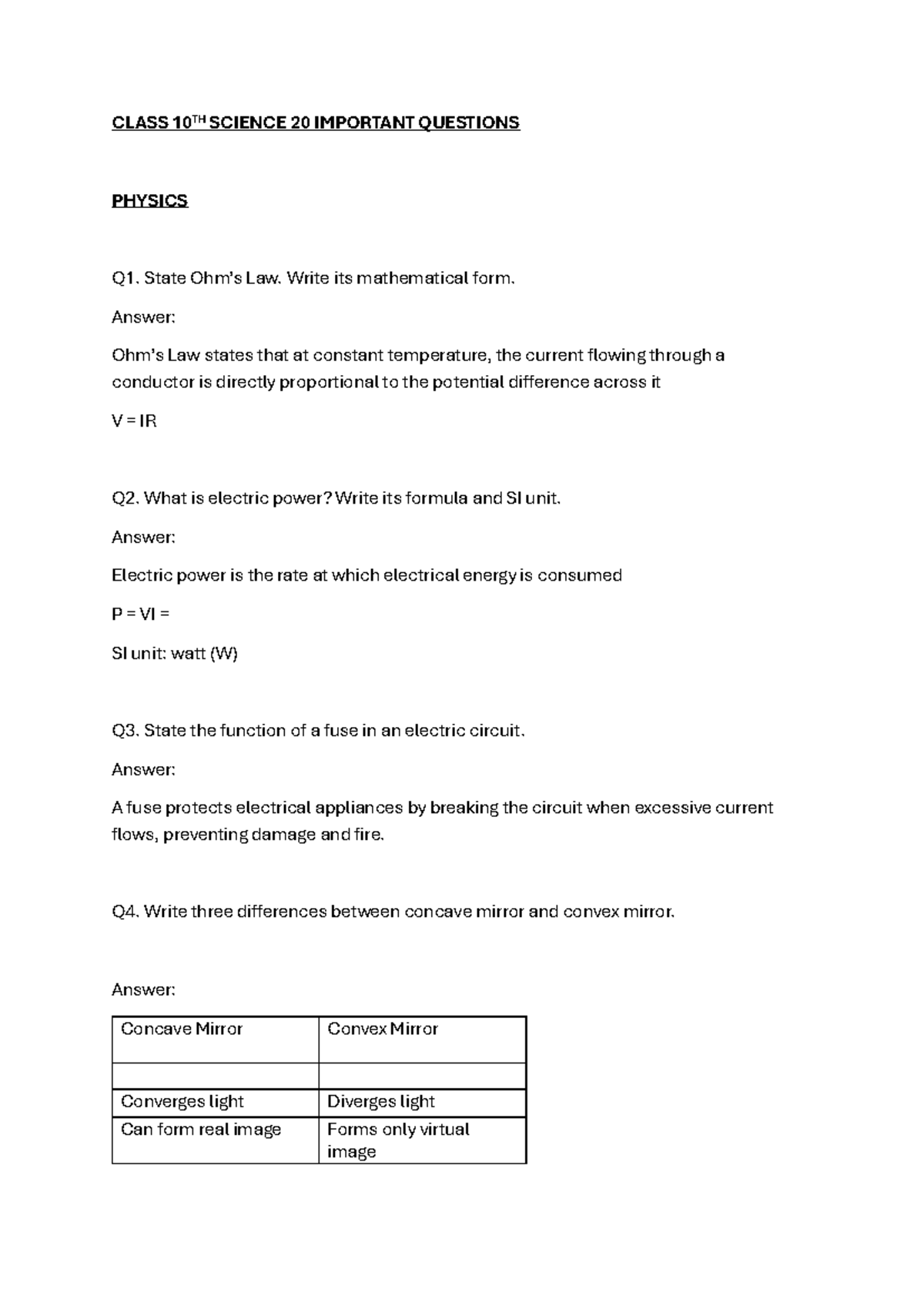 CLASS 10 SCIENCE: 20 IMPORTANT PHYSICS & BIOLOGY QUESTIONS - Studocu